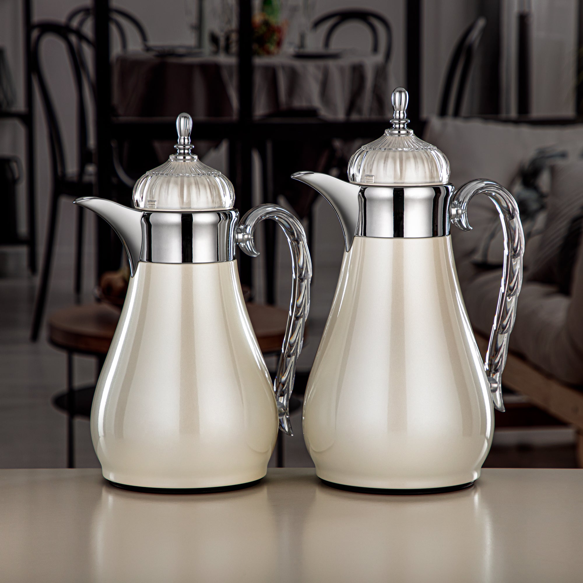 Almarjan Vacuum Flask Set, Push Button, 0.7L + 1L, Pearl White, Silver